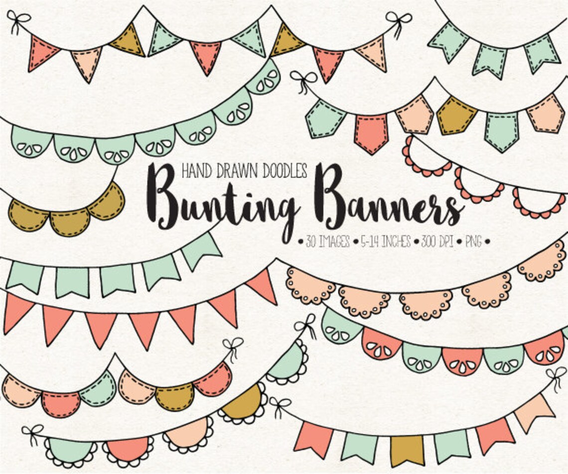 Hand Drawn Bunting Clip Art. Doodle Bunting Banners. Digital Garland ...