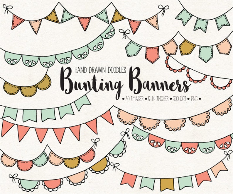 Hand Drawn Bunting Clip Art. Doodle Bunting Banners. Digital Garland ...