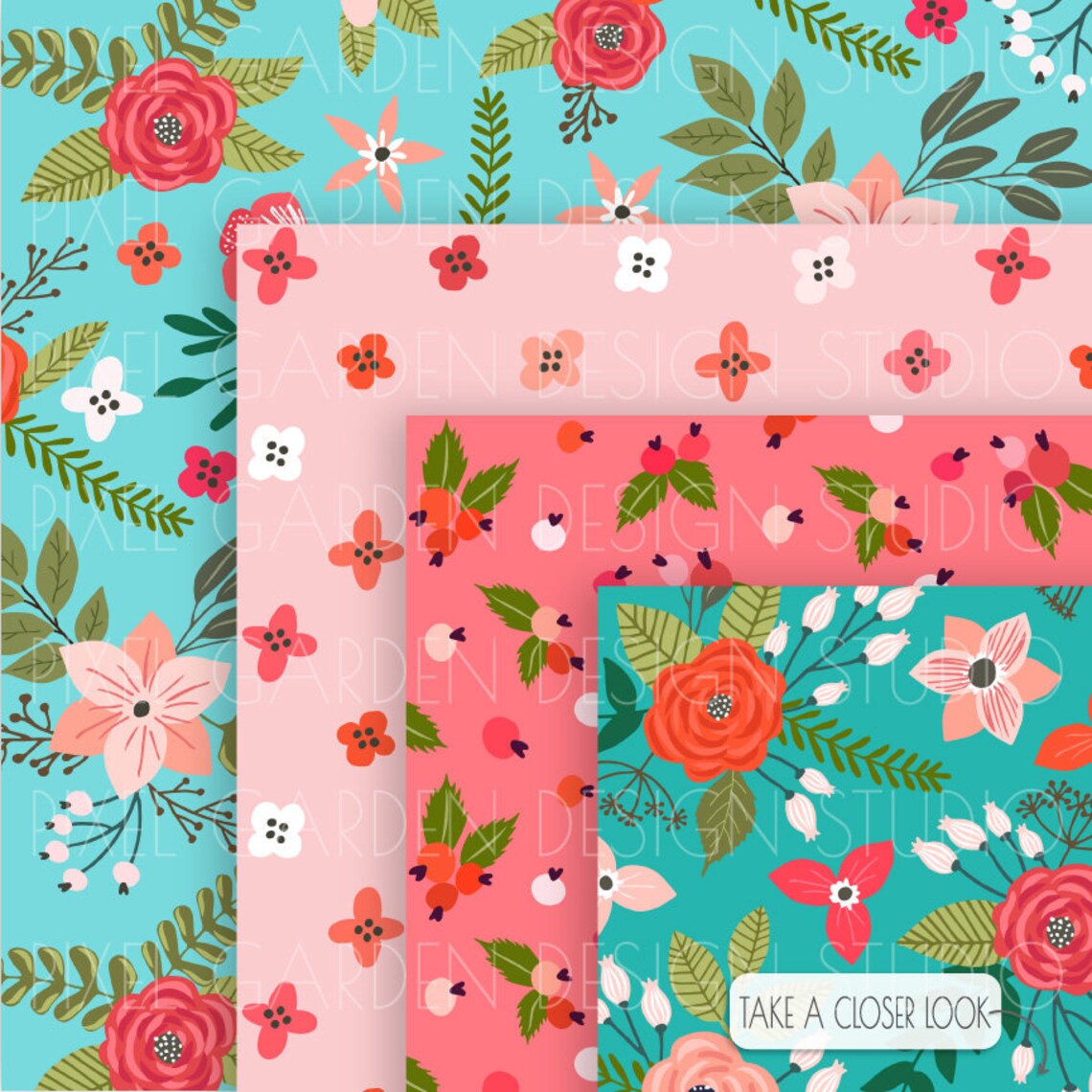 Pink & Blue Floral Digital Paper. Peony Rose Blossom Teal | Etsy