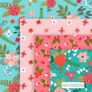 Pink & Blue Floral Digital Paper. Peony, Rose Blossom Teal, Coral ...