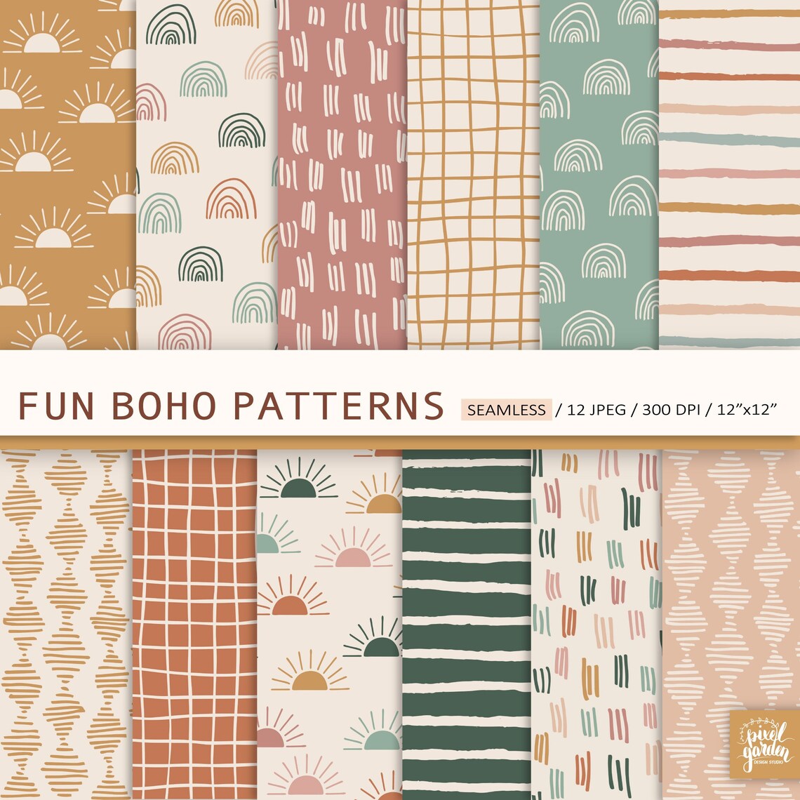 Boho Doodle Seamless Digital Paper. Geometric Boho Patterns. Hand-drawn ...