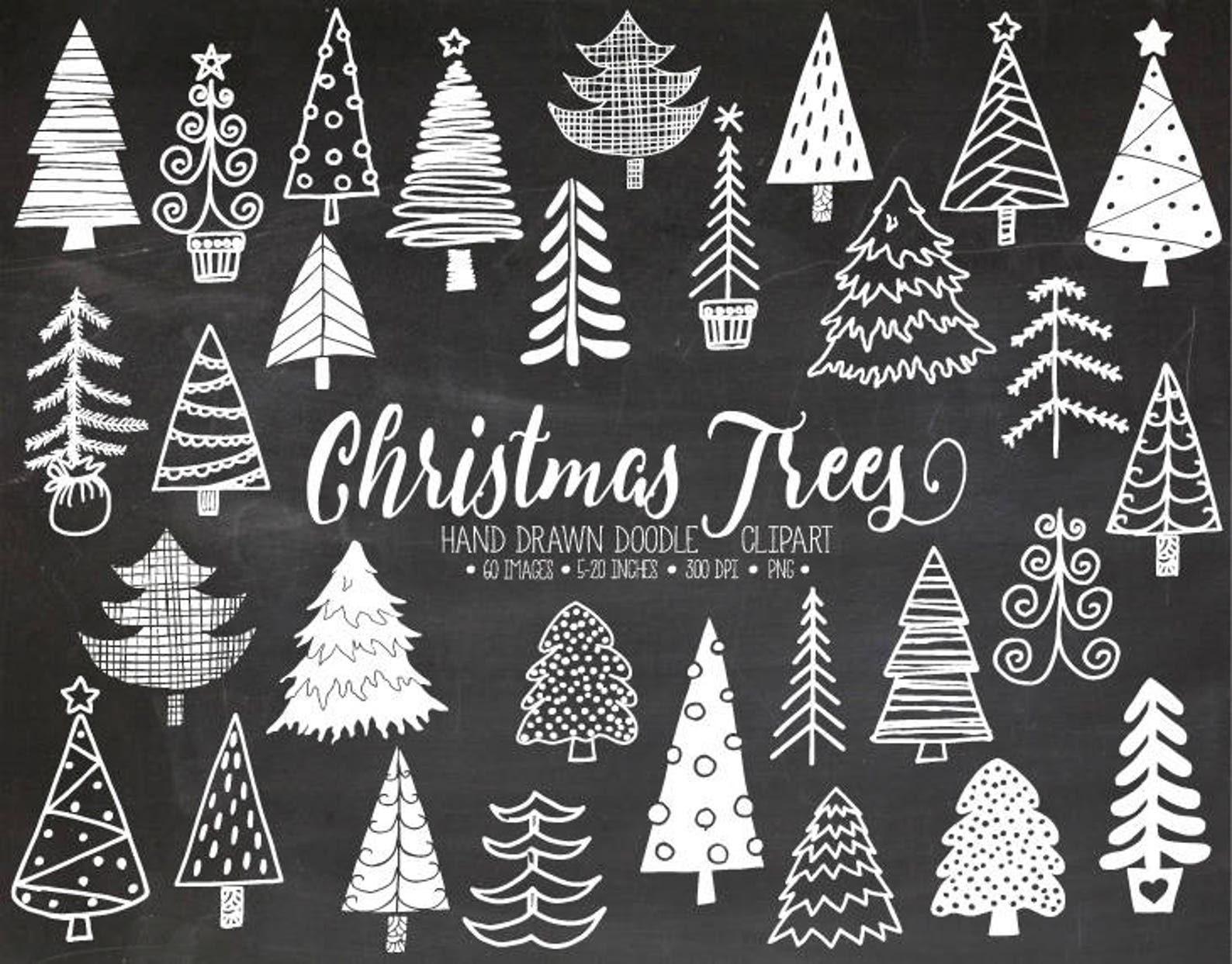 Chalk Christmas Tree Clipart. Hand Drawn Chalkboard Christmas Doodles ...