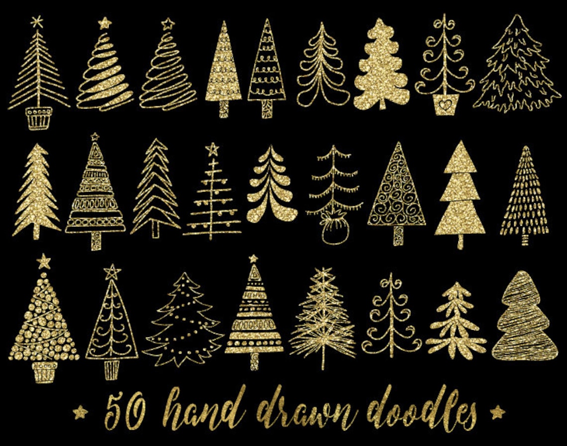Gold Glitter Christmas Tree Clip Art. Doodle Christmas Trees PNG ...