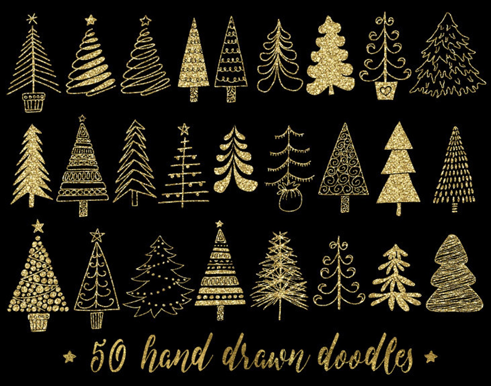 Gold Glitter Christmas Tree Clip Art. Doodle Christmas Trees | Etsy