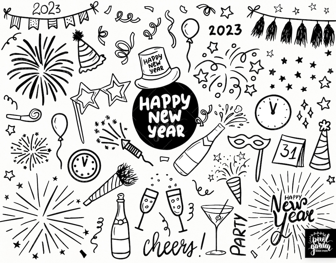 Happy New Year Clipart. Hand Drawn Minimalist Illustrations. 2023 New ...
