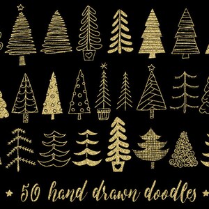 Glitter Christmas Tree Clipart. Gold Christmas Illustration. Hand Drawn ...