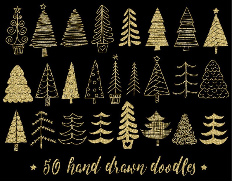 Glitter Christmas Tree Clipart. Gold Christmas Illustration. | Etsy
