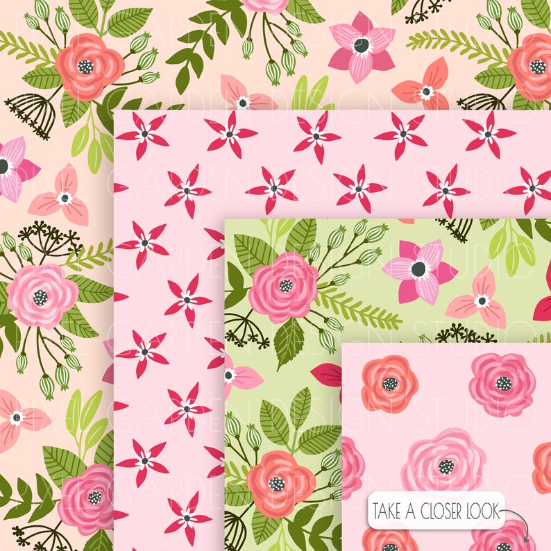 Rose Floral Digital Paper. Pink Green Hand Drawn Peony Rose - Etsy