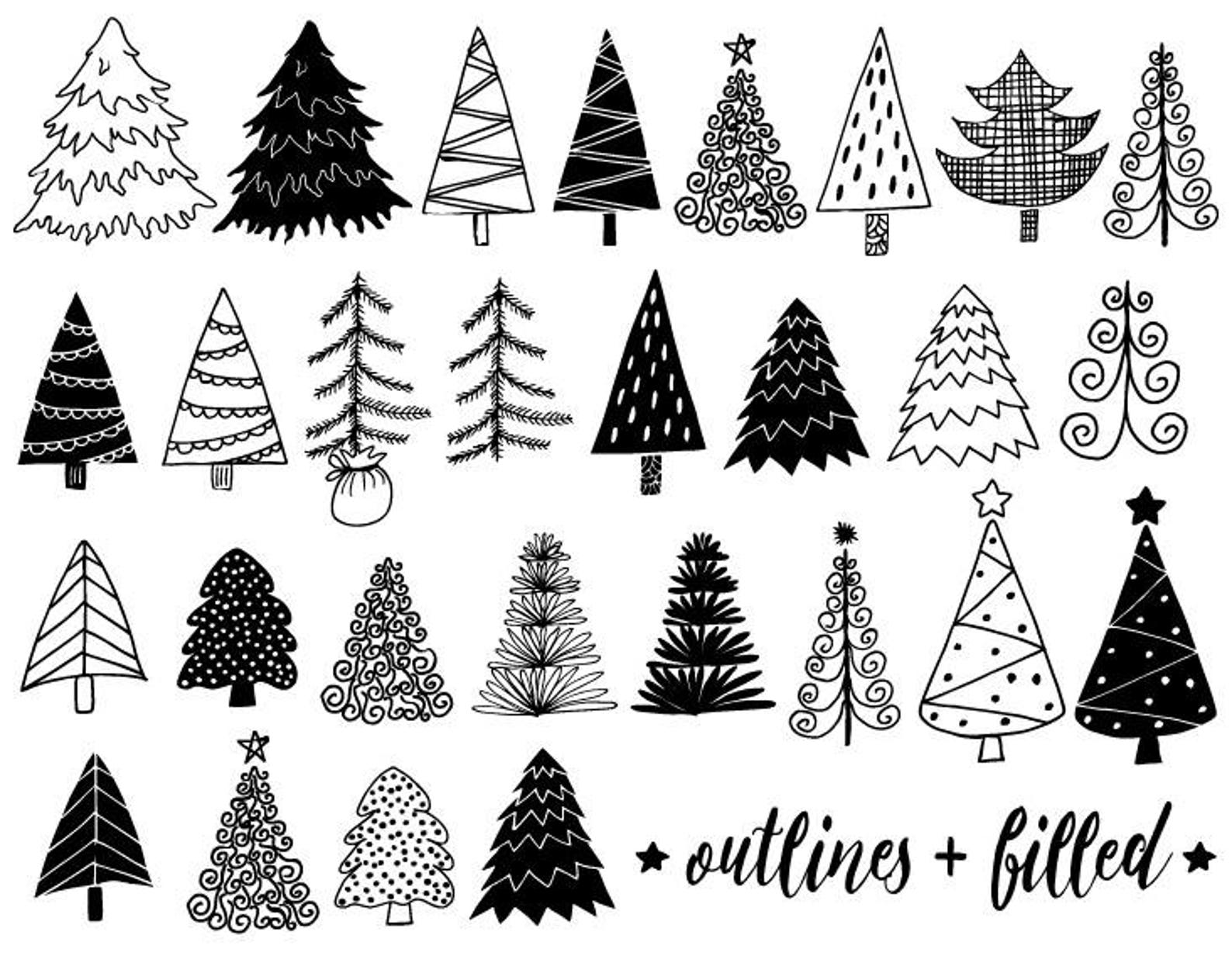 Christmas Tree Clipart. Hand Drawn Christmas Doodles. Winter Fir Tree ...