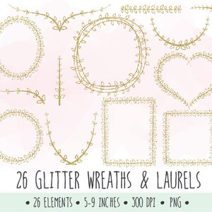 Gold Digital Wreaths Clip Art. Gold Glitter Laurels Clip Art. Mettalic ...