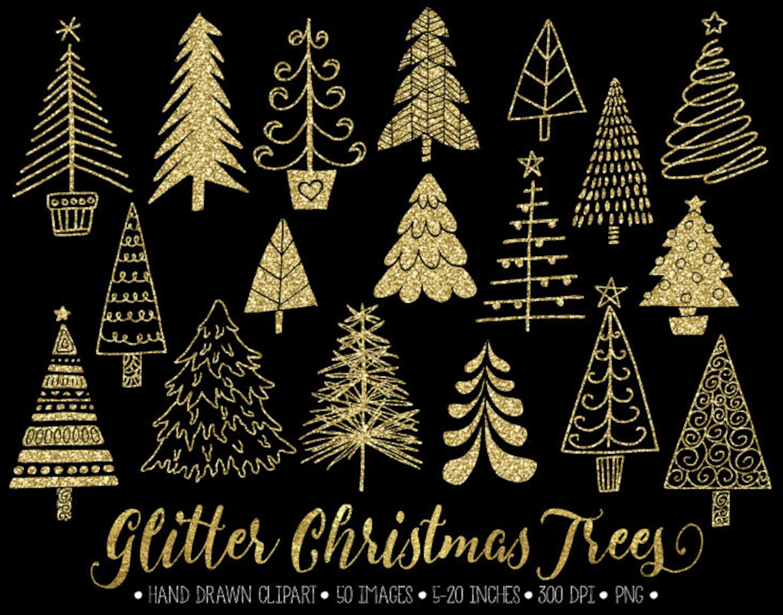 Gold Glitter Christmas Tree Clip Art. Doodle Christmas Trees | Etsy