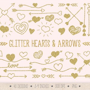 Gold Glitter Hearts and Arrows Clip Art. Valentine's Day Doodle Arrows ...