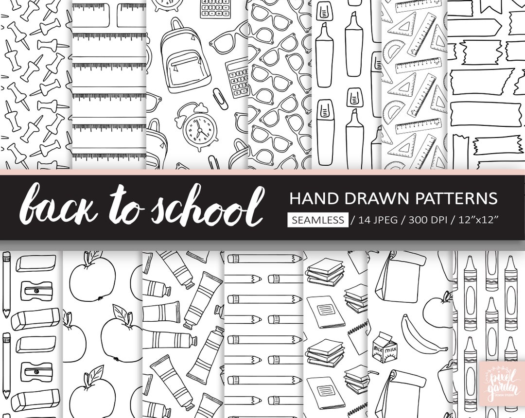 Black & White Back to School Digital Paper. Hand Drawn Student, Teacher ...