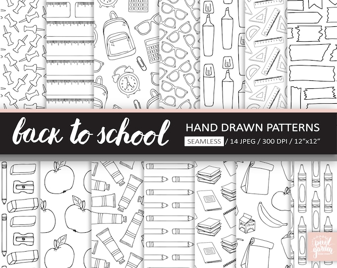 Black & White Back to School Digital Paper. Hand Drawn Student, Teacher ...