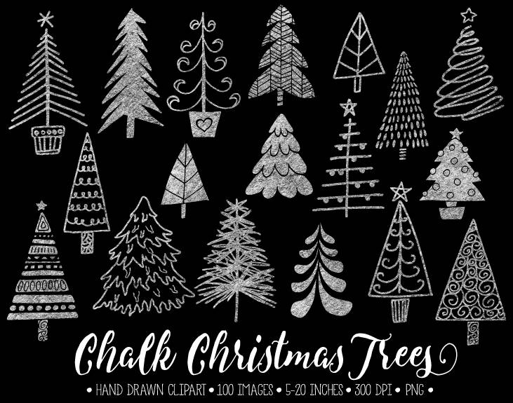 Chalkboard Christmas Tree Clip Art. Hand Drawn Chalk Christmas ...
