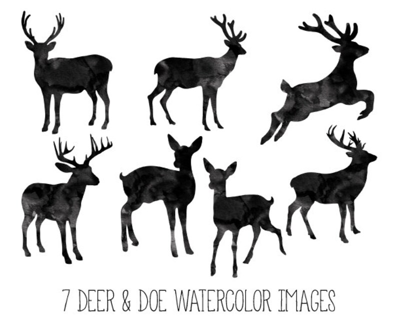 Deer & Antler Clipart. Black Watercolor Deer Silhouettes. | Etsy