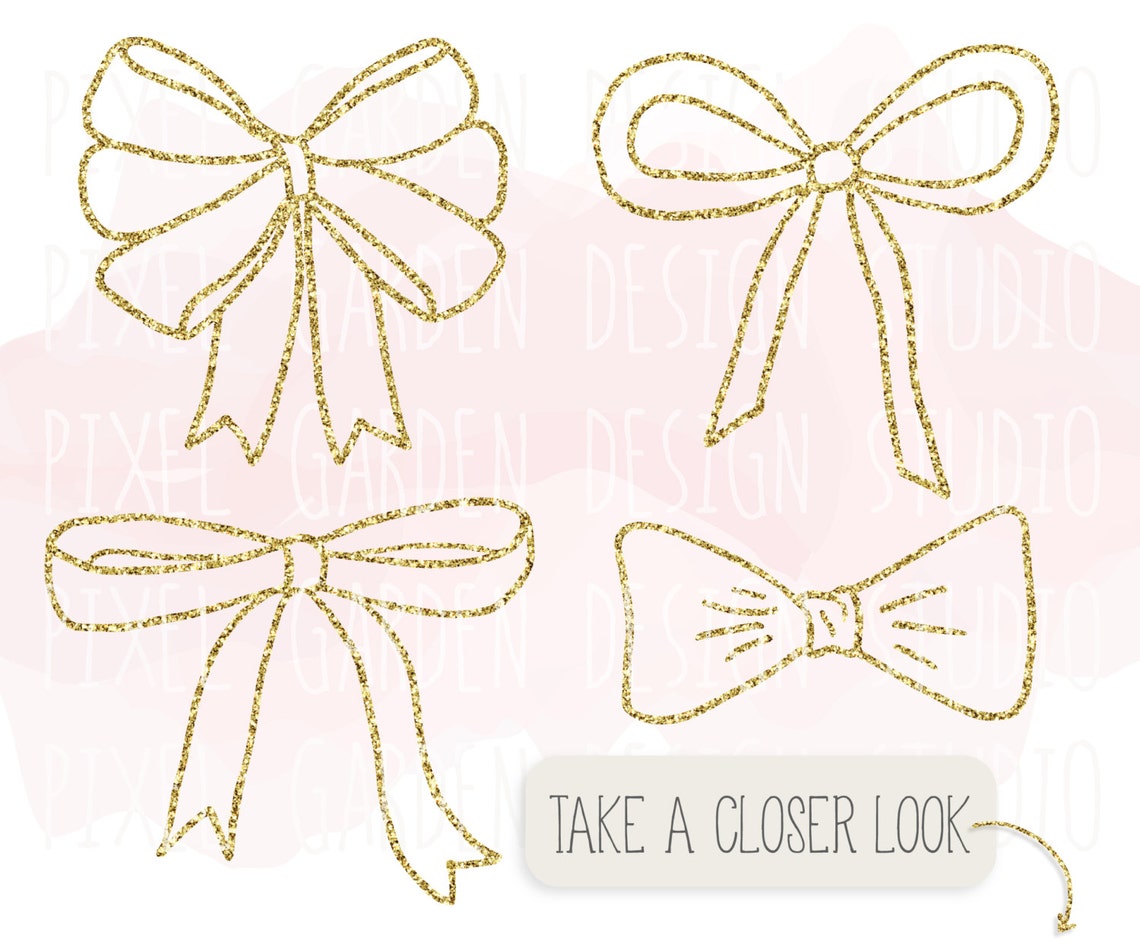 Gold Glitter Bows Clip Art. Gold Glitter Ribbons Clip Art. Hand Drawn ...