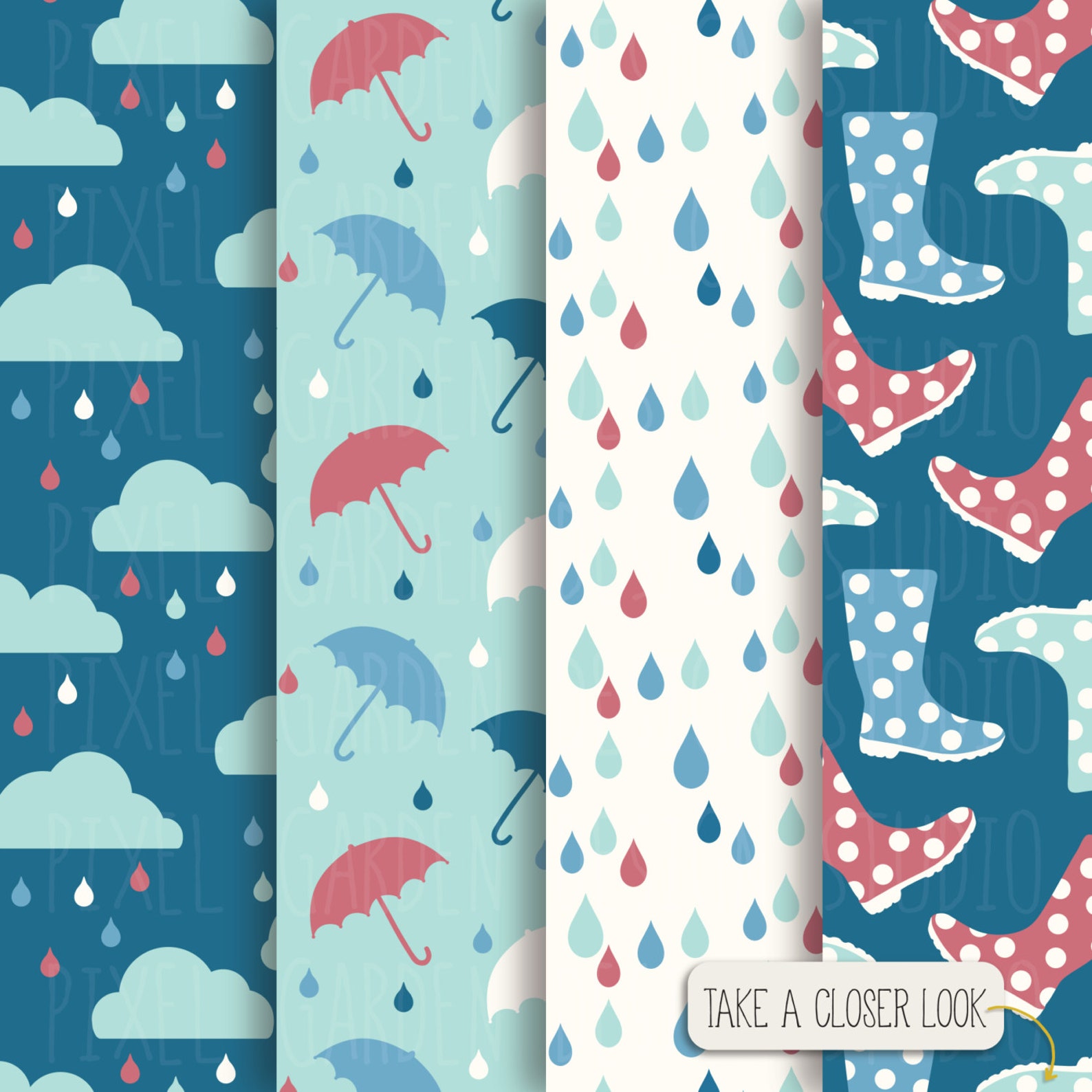 Rain Digital Paper. Raindrop, Umbrella, Cloud Pattern Scrapbook Paper ...
