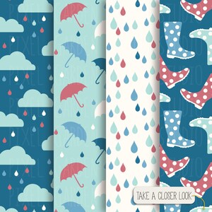 Rain Digital Paper. Raindrop, Umbrella, Cloud Pattern Scrapbook Paper ...