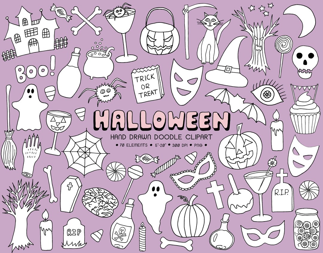 Black and White Halloween Clip Art. Hand Drawn Doodle Halloween ...