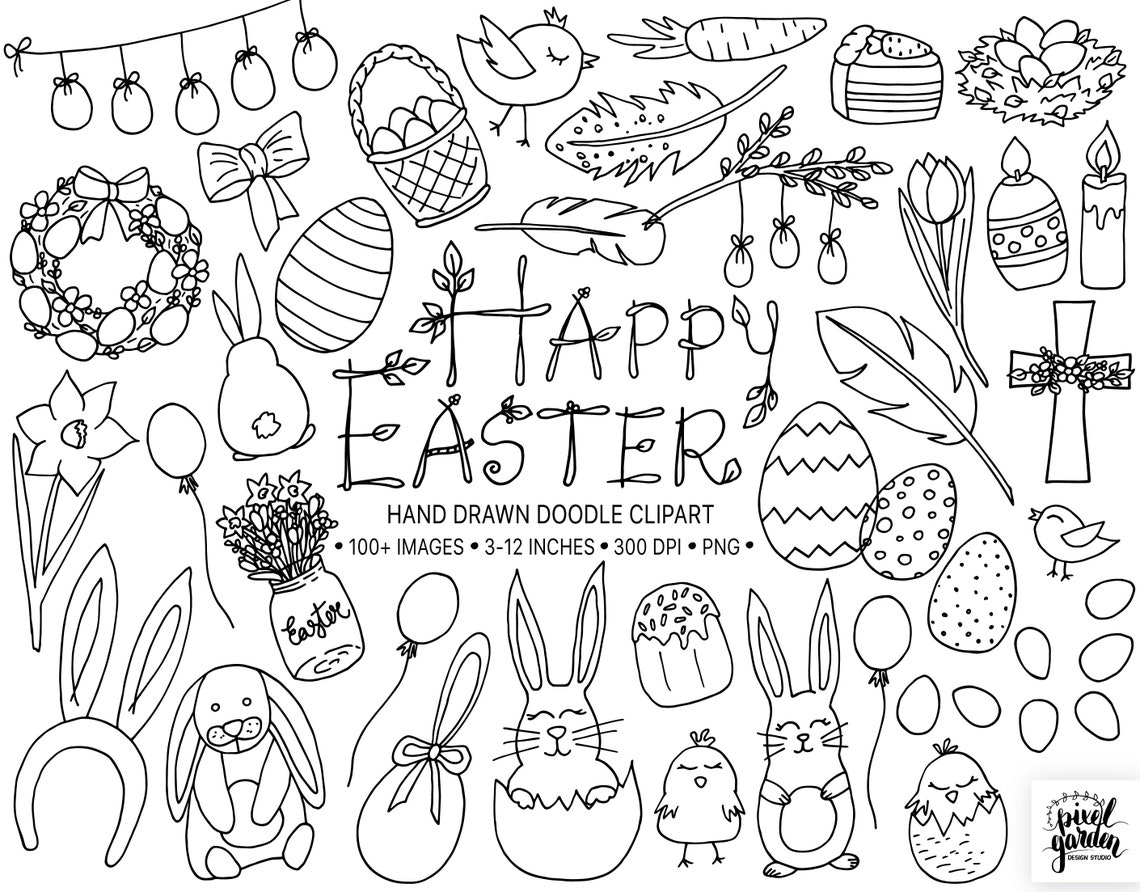 Easter Clipart. Hand Drawn Easter Egg Clip Art. Black & White | Etsy
