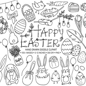 Easter Clipart. Hand Drawn Easter Egg Clip Art. Black & White Spring ...