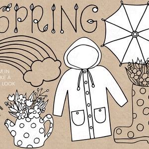 Black & White Spring Clipart. Hand Drawn Floral Clip Art. Rainbow, Rain ...
