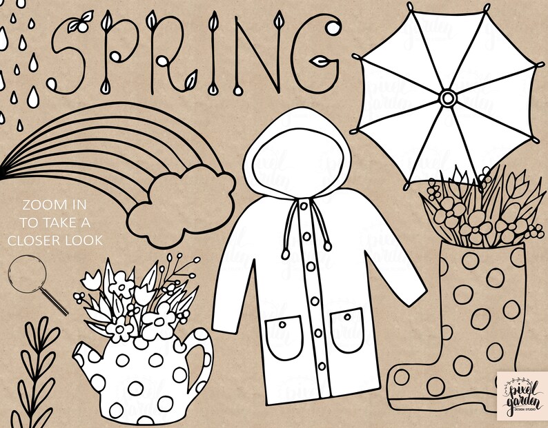 Black & White Spring Clipart. Hand Drawn Floral Clip Art. - Etsy