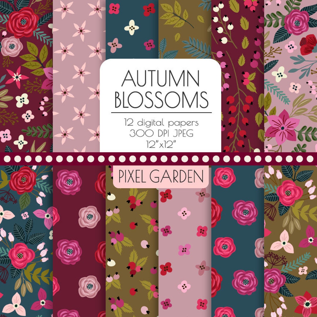 Autumn Floral Digital Paper. Fall Rose, Peony Scrapbook Paper. Gray ...