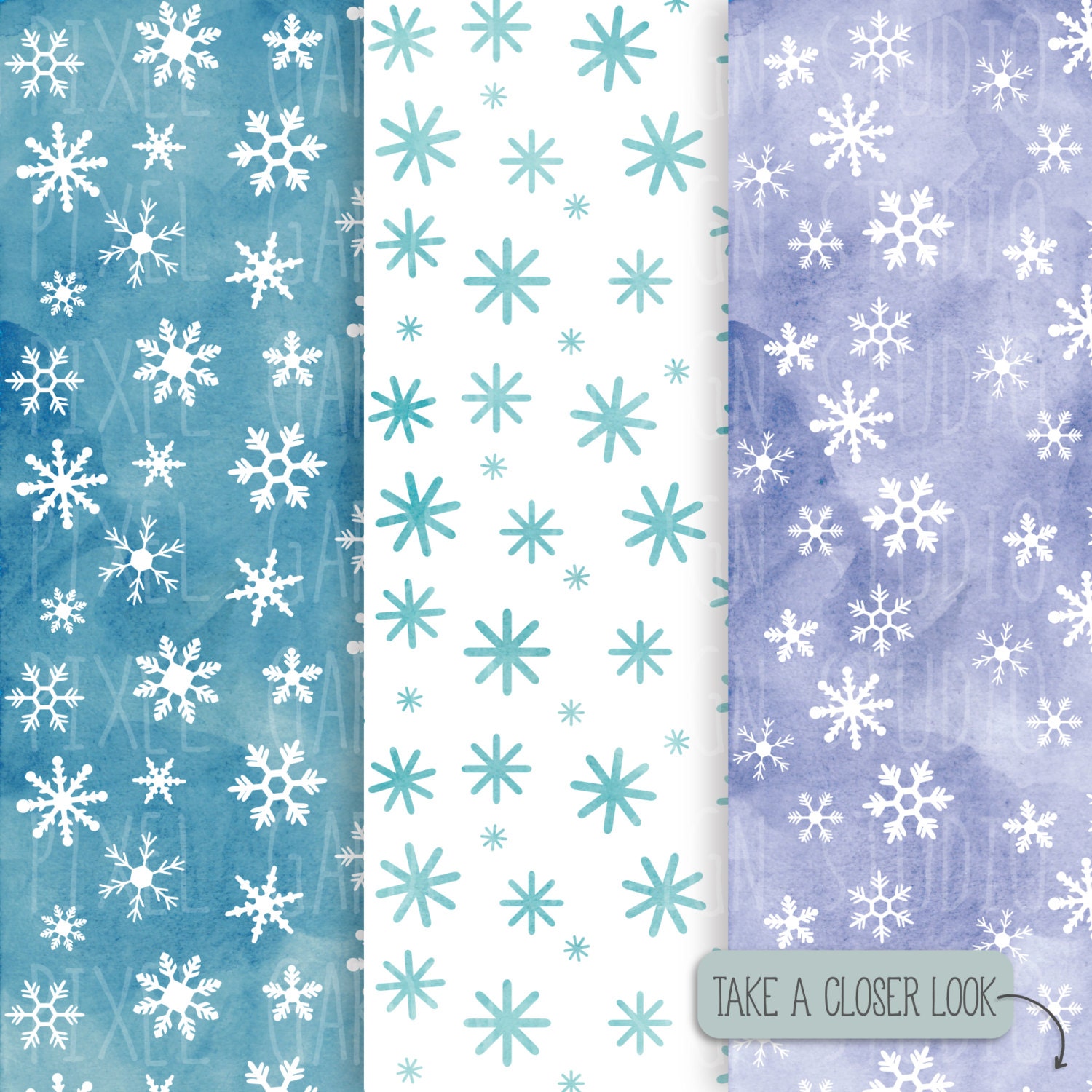 Snowflakes Digital Paper. Watercolor Snowflake Digital | Etsy