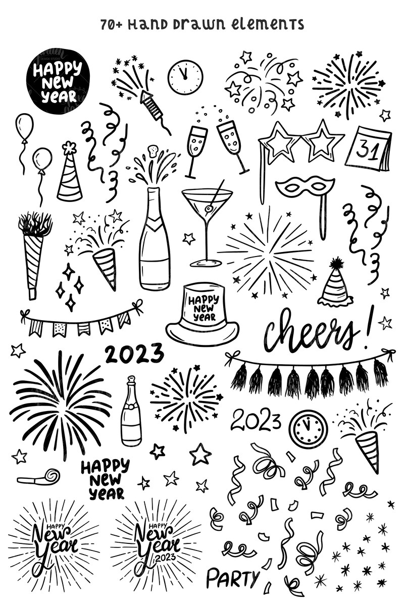 Happy New Year Clipart. Hand Drawn Minimalist Illustrations. 2023 New ...