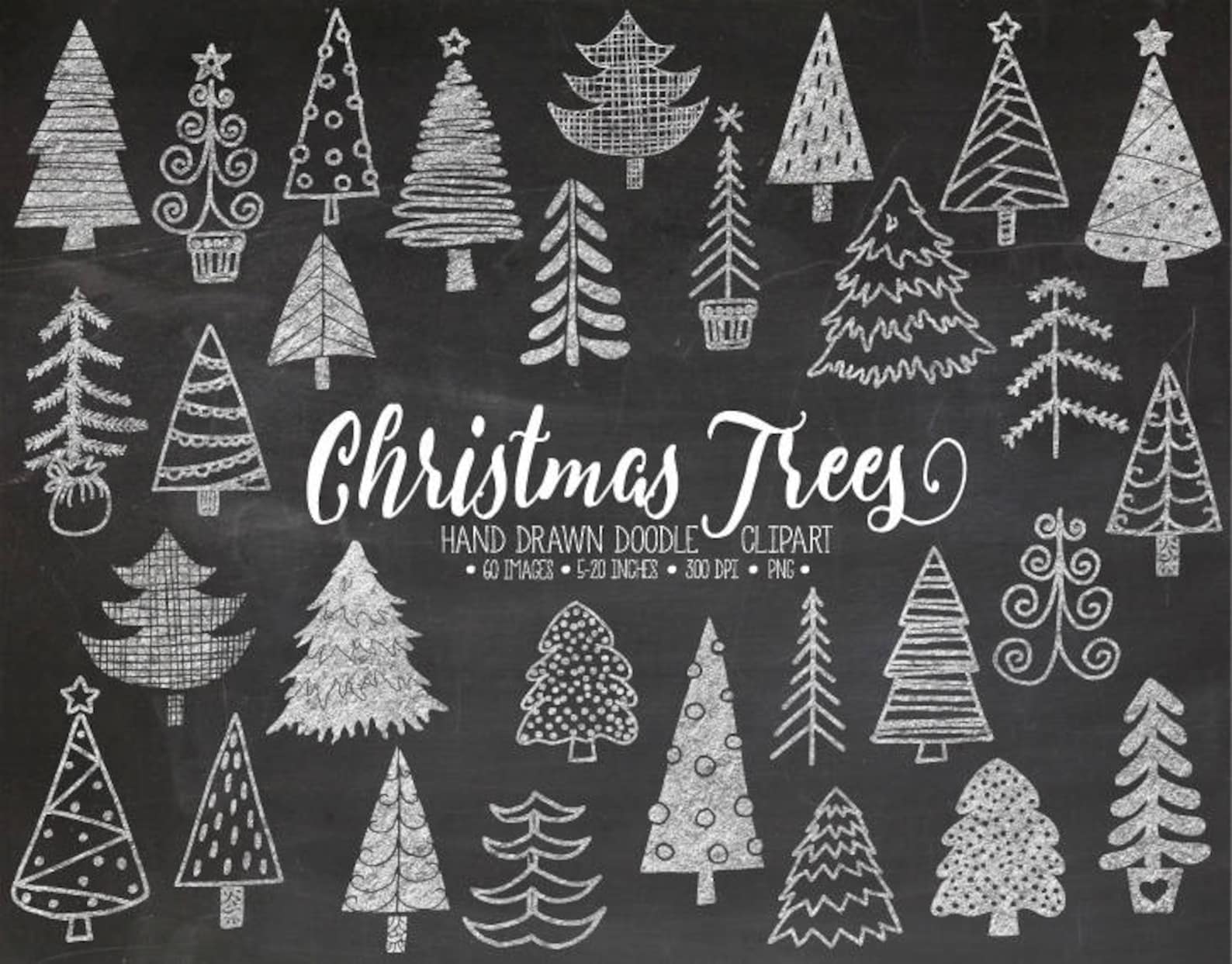 Chalk Christmas Tree Clipart. Hand Drawn Chalkboard Christmas - Etsy