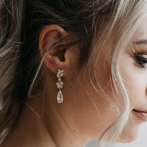 Gold Teardrop Bridal Earrings for Wedding, Crystal Drop Earrings for Bride, Elegant Bridal ...