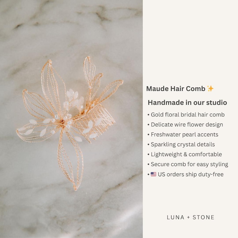 Gold Floral Bridal Hair Comb | Pearl & Crystal Wedding Hair Comb Maude ...