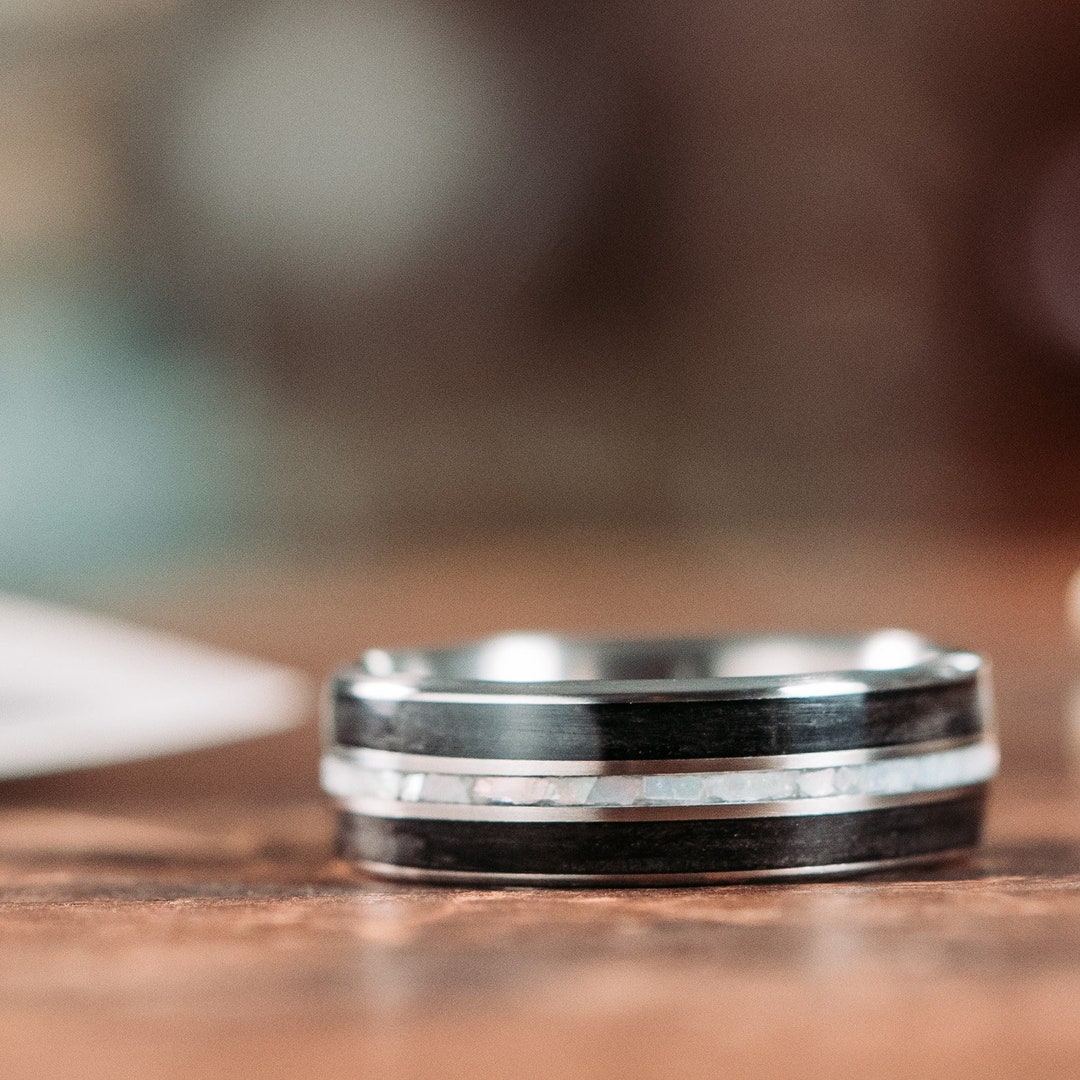 Mother of Pearl & Whiskey Barrel Wood Men's Wedding Band - Silver ...