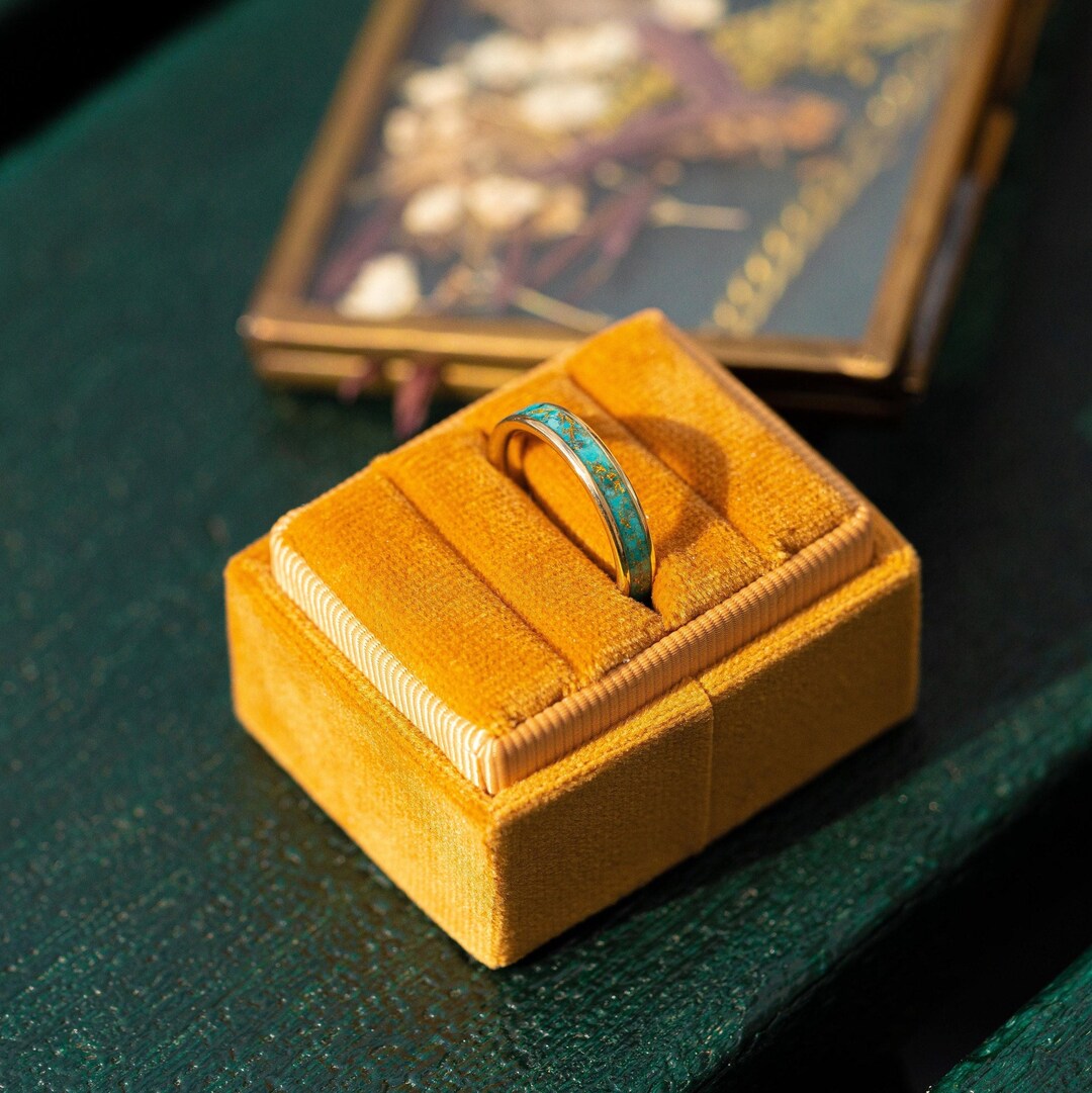 Turquoise & Gold Flakes Wedding Band the Phoenix Women's Solid 10k or ...
