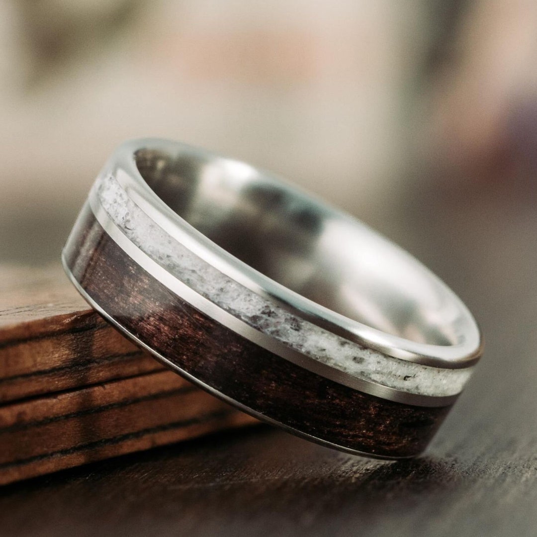 Men's Antique Walnut, Elk Antler and Titanium Wedding Band the High ...