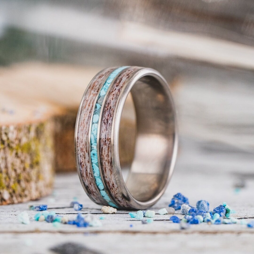 Turquoise & Antler Titanium Ring the Huntsman Wedding Band Rustic and ...