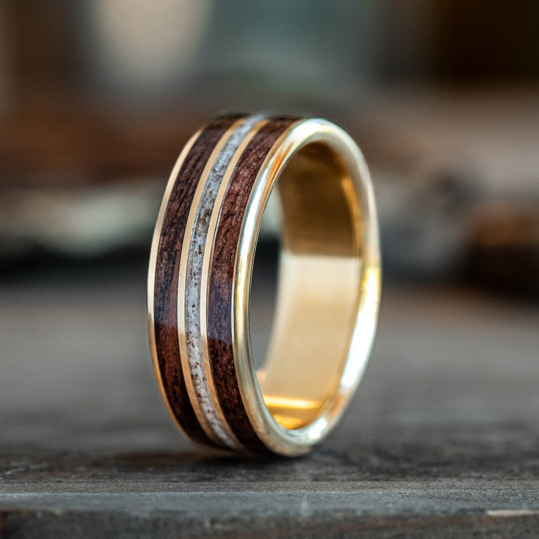 Elk Antler & Walnut Wood 14k Yellow Gold Wedding Band Naturally Shed ...