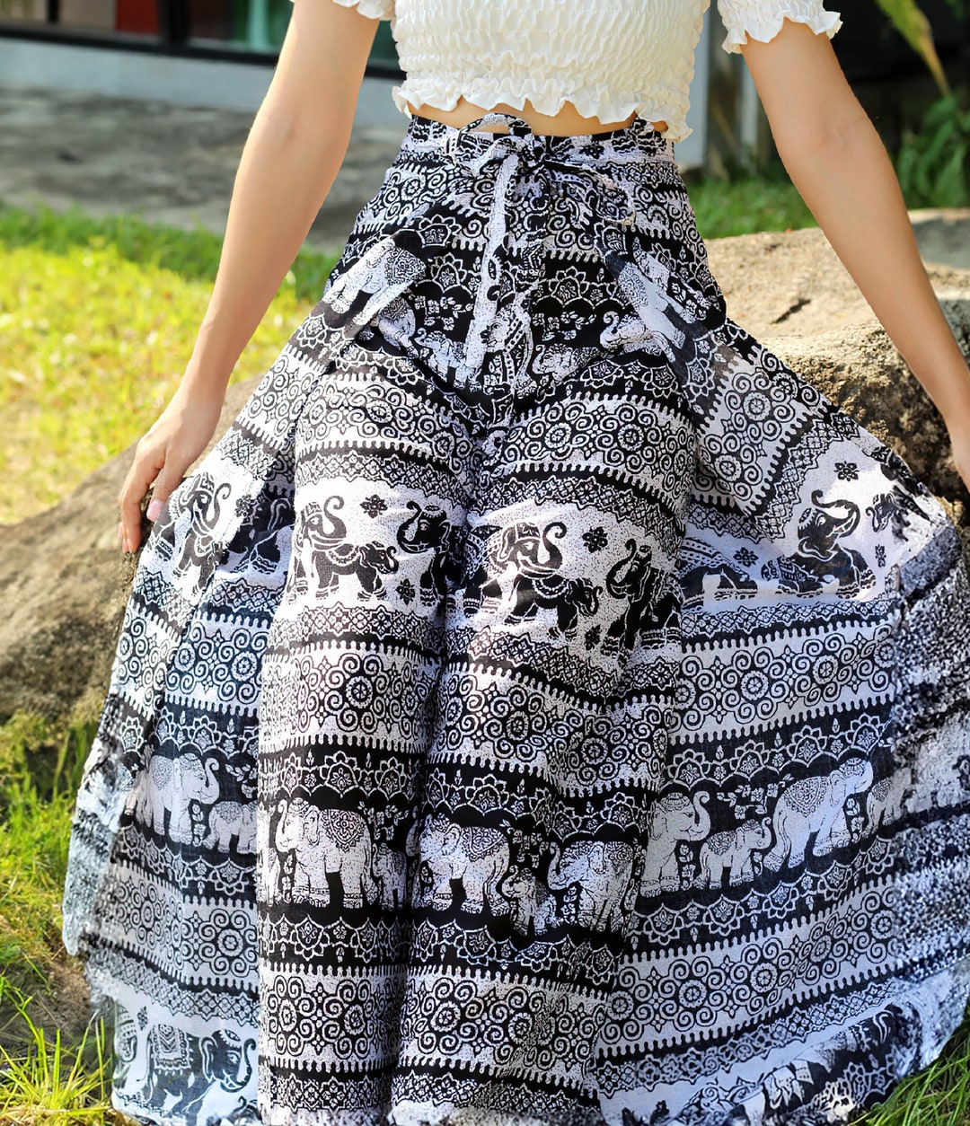 Wrap Pants Boho Elephant Print Flowy Wrap Around Pants - Etsy