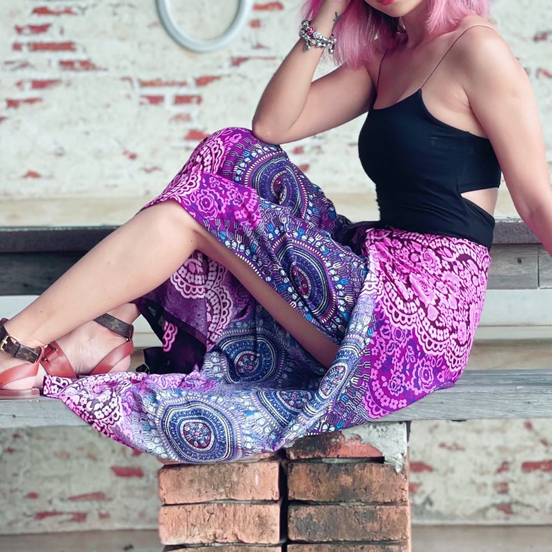 Boho Mandala Wrap Pants: Rayon Cotton, Purple Print, Open Leg - Etsy