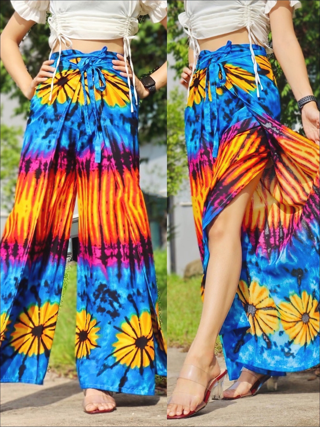 Vivid Tie-dye Hippie Pants for Women, Flowy Wrap-around Pants Front and ...