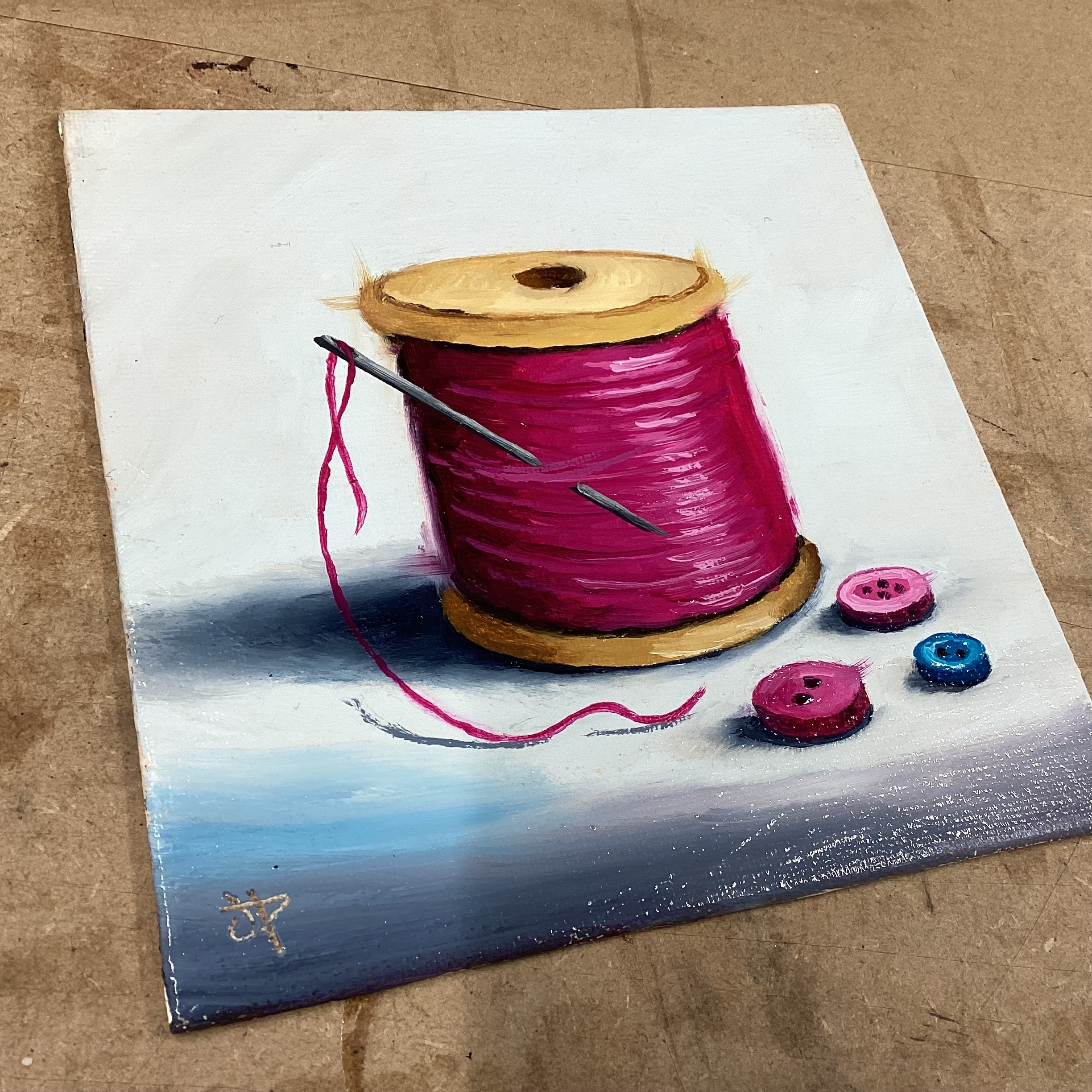 Original Oil Painting: Pink Cotton Reel and Buttons Still Life, Framed ...