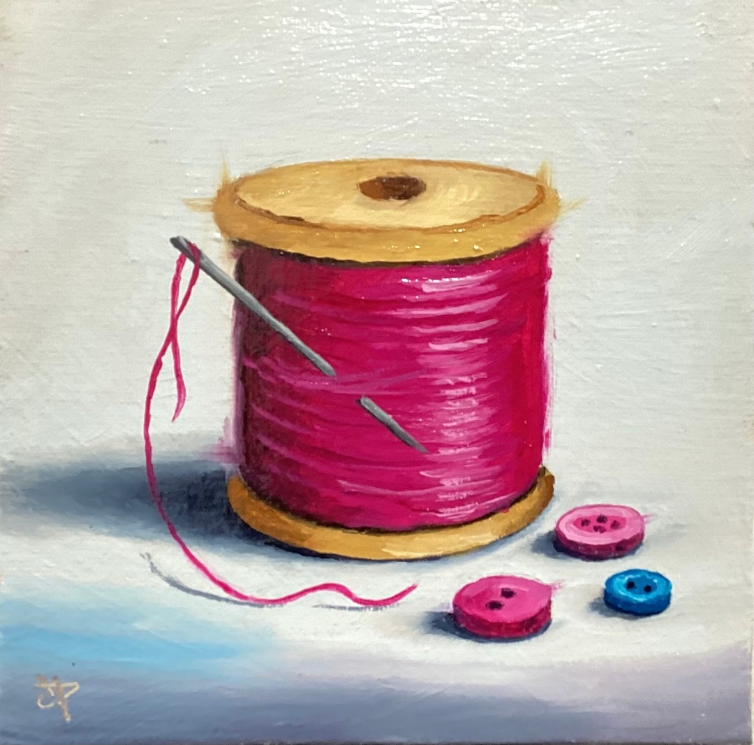 Pink Cotton Reel and Buttons Sewing Art Original Oil Painting Still ...