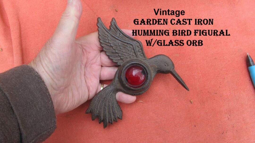 Vintage Cast Iron Humming Bird Garden Figural W/red Glass Orb Scarce ...