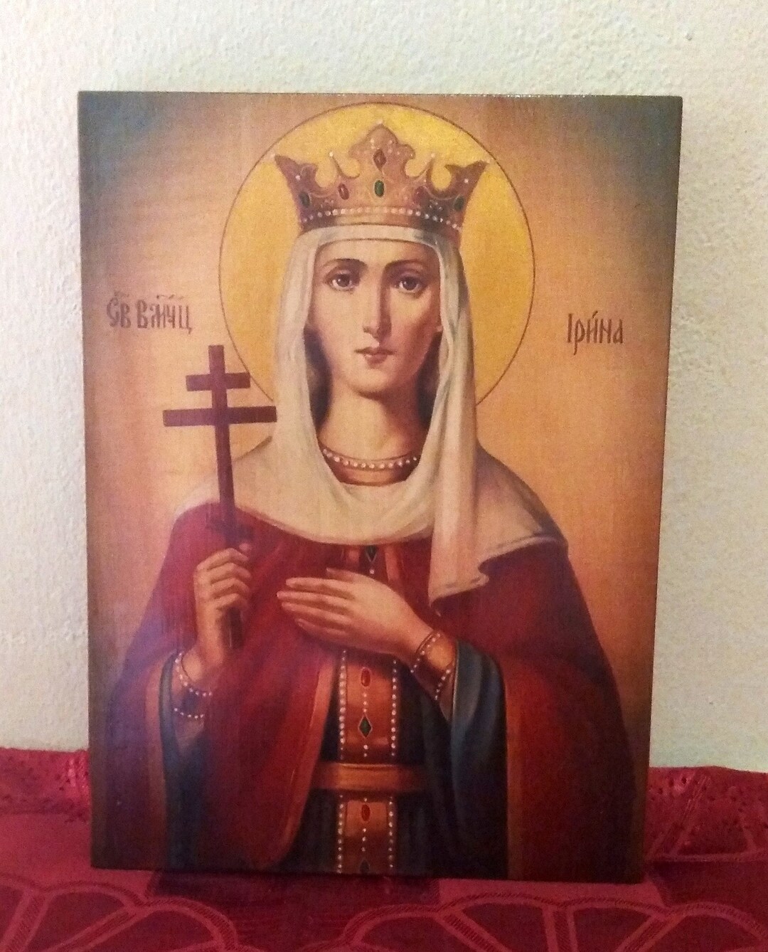 Icon of Saint Irina Hand Painted Warm Colors Directly on the Solid Wood ...