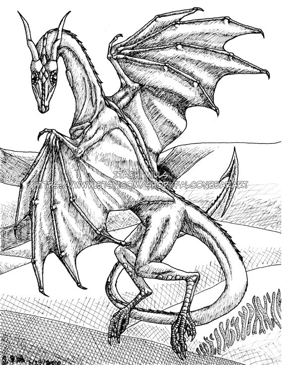 ORIGINAL INK DRAWING of a Wyvern in a Desert - Etsy