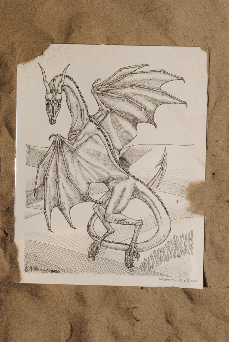 ORIGINAL INK DRAWING of a Wyvern in a Desert - Etsy