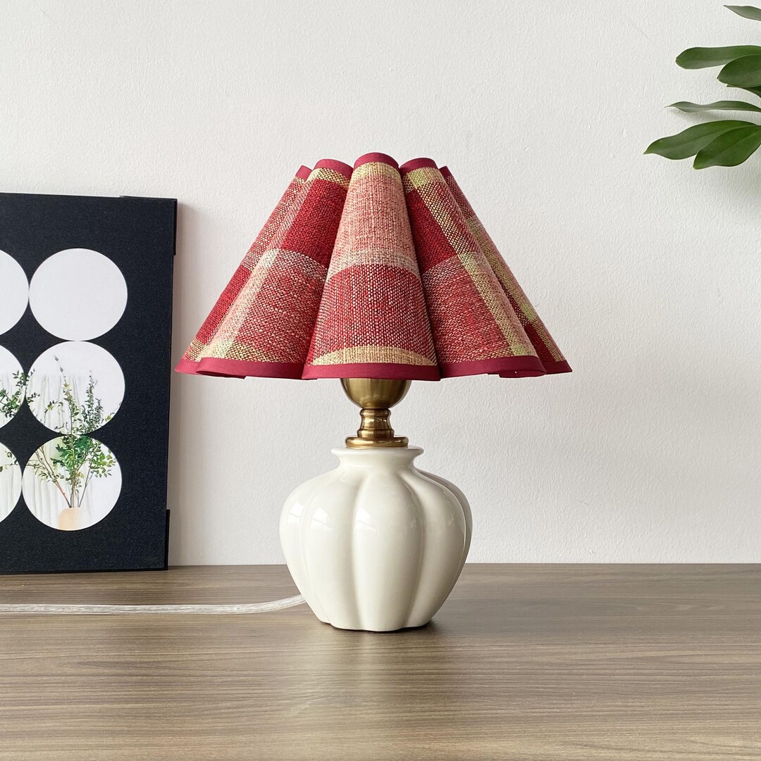 Handmade Ceramic Table Lamp With Red Plaid Petal Shade, 3 Color Bedside ...