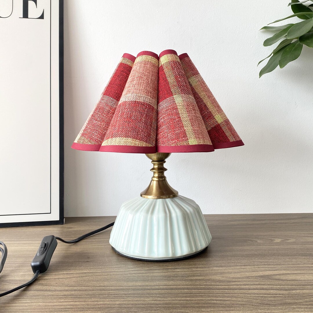 Handmade Ceramic Table Lamp With Red Plaid Petal Shade, 3 Color ...